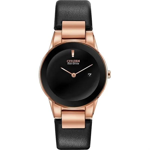 Ladies' Eco-Drive Watch Pink Gold-Tone w/Black Leather Strap ...